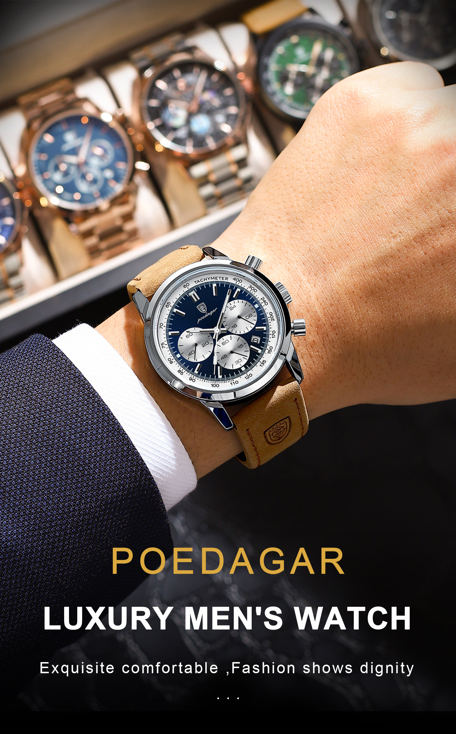Poedagar Men's Casual Sports Watch Men's Leather Quartz Assista à prova ...
