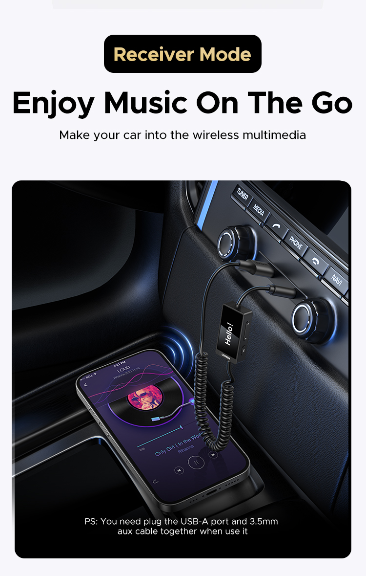 Tela OLED UGREEN 2 Em 1 AptX HD Carro Bluetooth 5.4 USB-A 3.5 Mm Receptor Transmissor Embutido ...