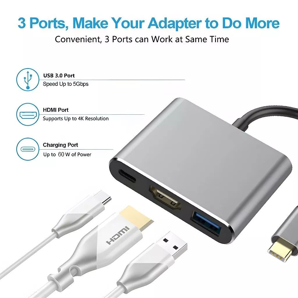 Porta USB Para Adaptador HDMI Tipo C HUB OTG 3 Em 1 4K Suporte Laptops ...
