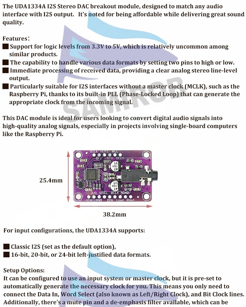 SAMIROB UDA1334A Módulo DAC UDA1334 I2S Placa De Decodificador Estéreo ...
