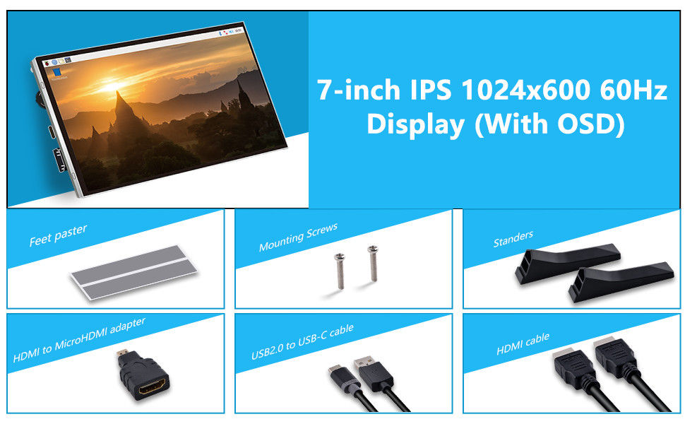 Tela LCD De 7 Polegadas 52Pi Para Raspberry Pi , IPS 1024x600 Com ...