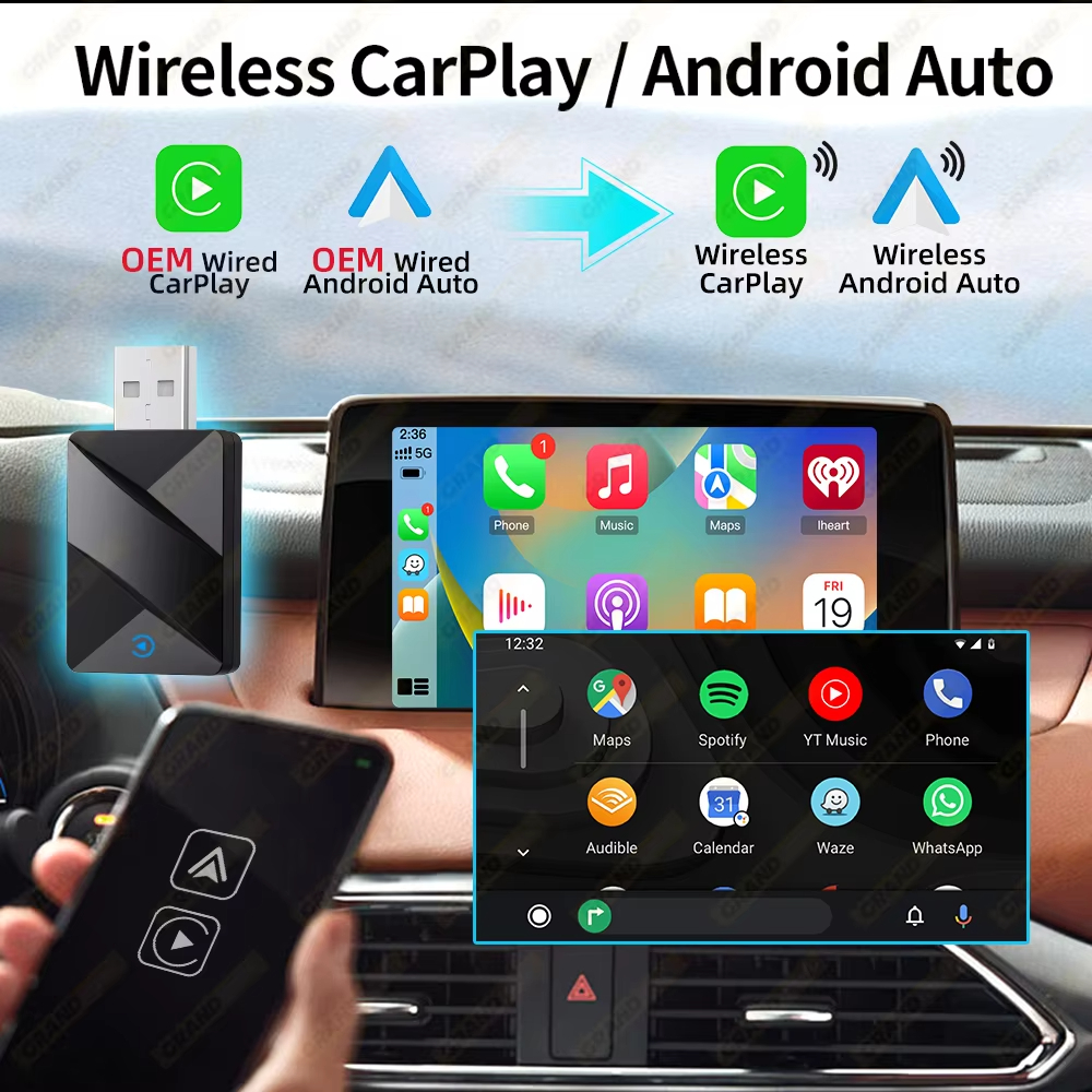 2 Em 1 Carplay Sem Fio E Android Auto AI Caixa Com Para Mini Adaptador Bluetooth Carro OEM Box ...