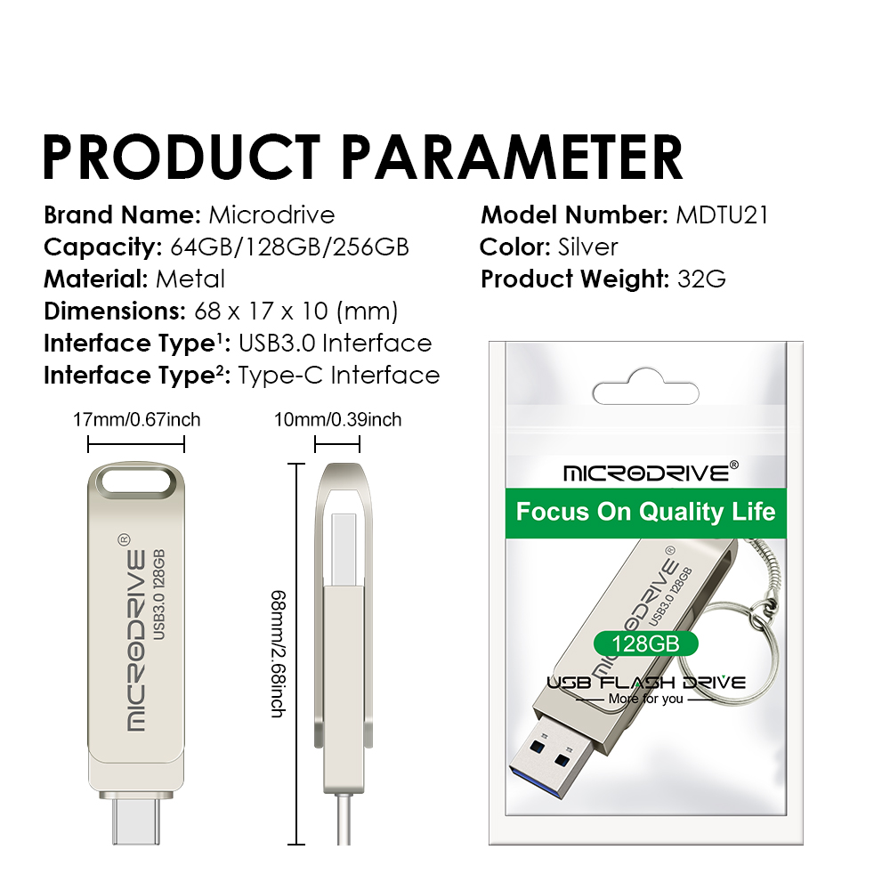 Novo Pen Drive Flash 2 em 1 OTG Tipo C Metálico 64GB 128GB 256GB Usb3.2 ...