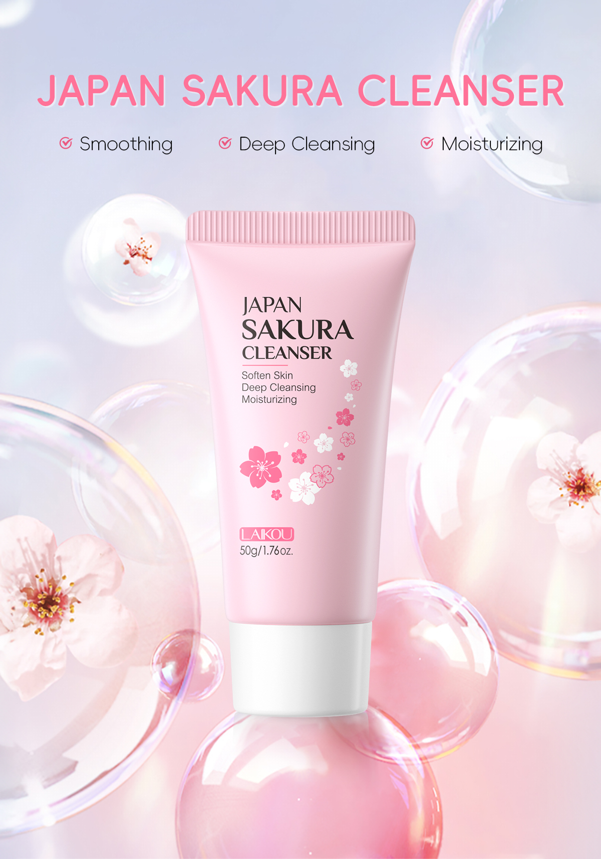 LAIKOU Cleanser Japonês Sakura 50g Hidratante E Limpador Facial Suave Para Pele Seca | Shopee Brasil
