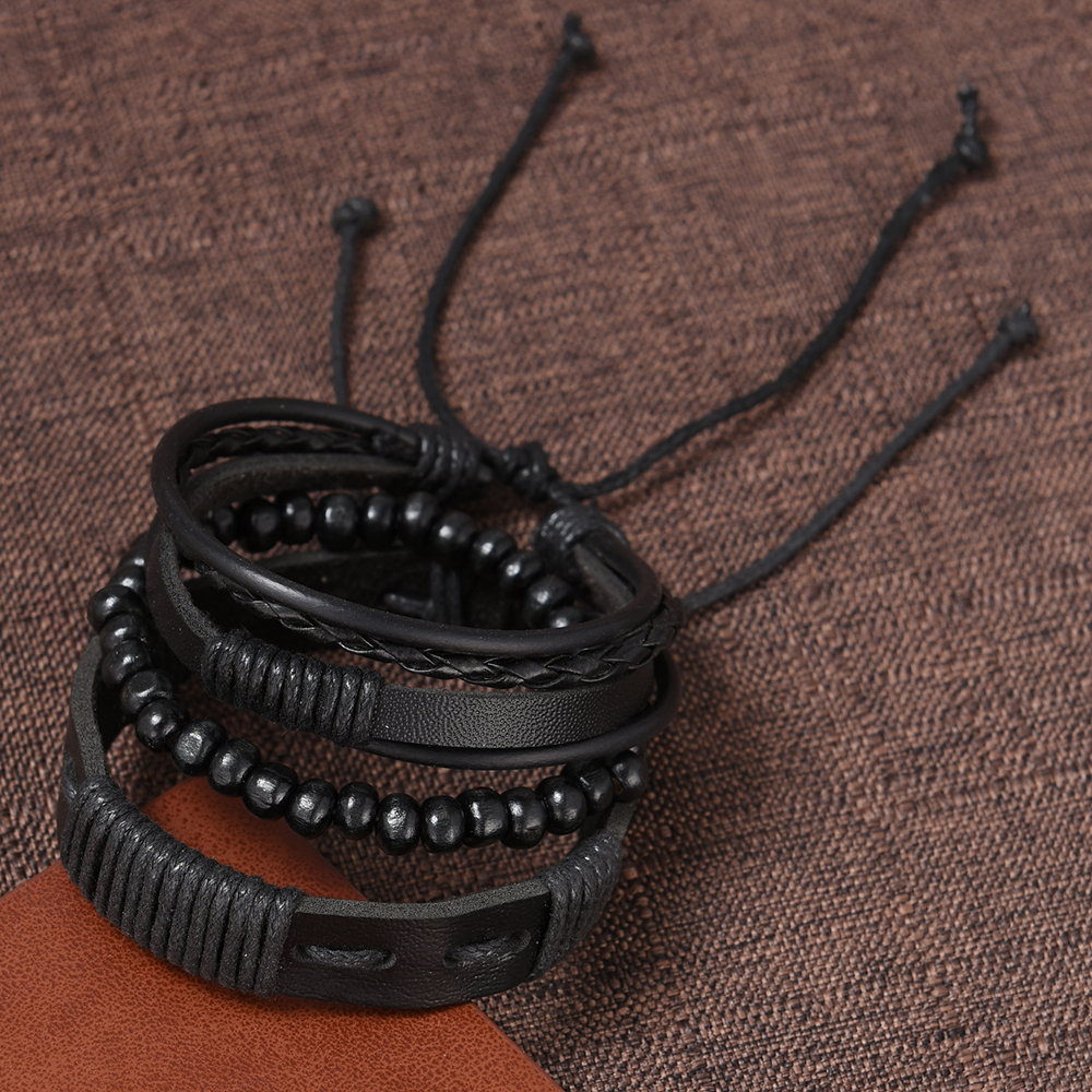 Pulseira Vintage De Couro De Camada Tripla – Punho Trançado Preto Feito ...