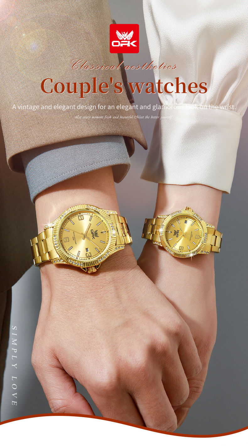 OPK Luxury Modern Gold Couple's Watch com pulseira de aço luminosa ...