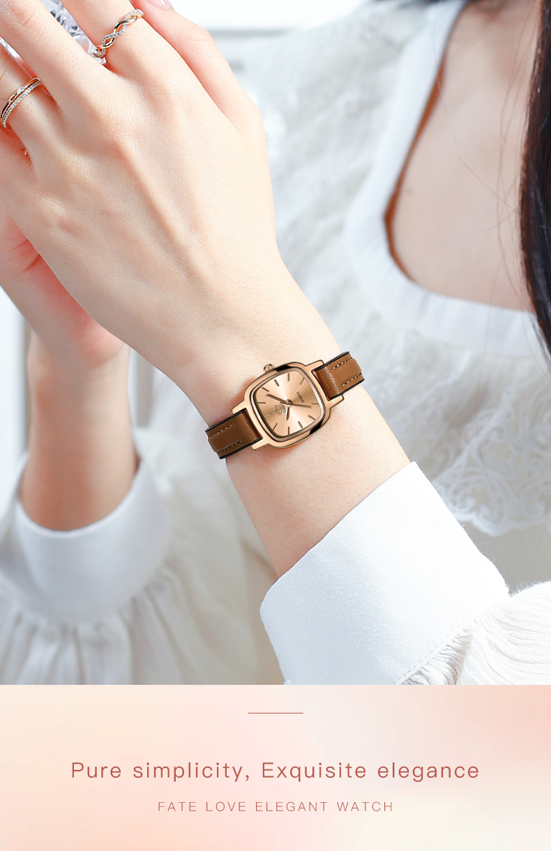 FL relógio feminino moda pequena quadrado de couro quartzo simples ...