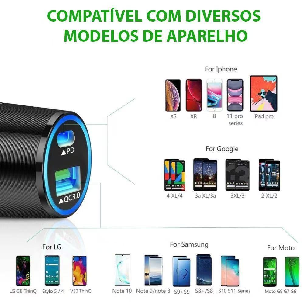 Carregador Veicular turbo TIPO C +USB 45W Carregamento rápido/Universal ...