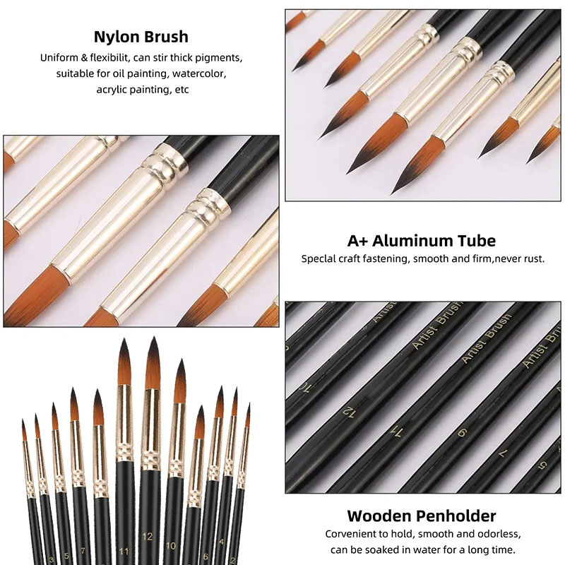 Conjunto de 12 Pincéis para Pintura Acrílica, Pincéis Redondos de ...