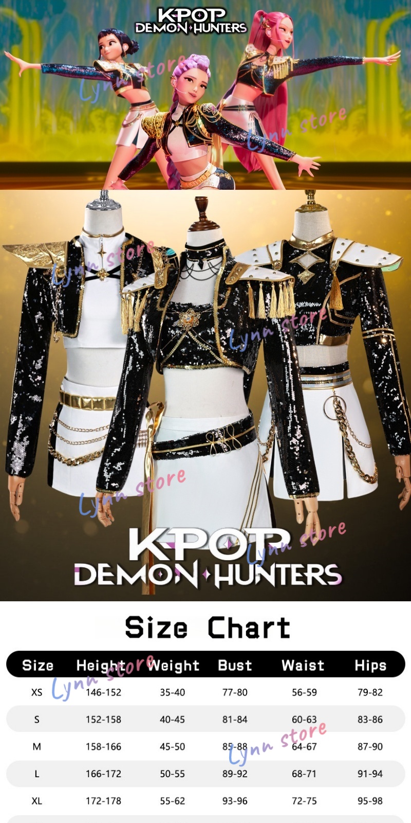 KPOP DEMON HUNTERS Cosplay Traje RUMI ZOEY MIRA Peruca Preto Ouro Terno ...