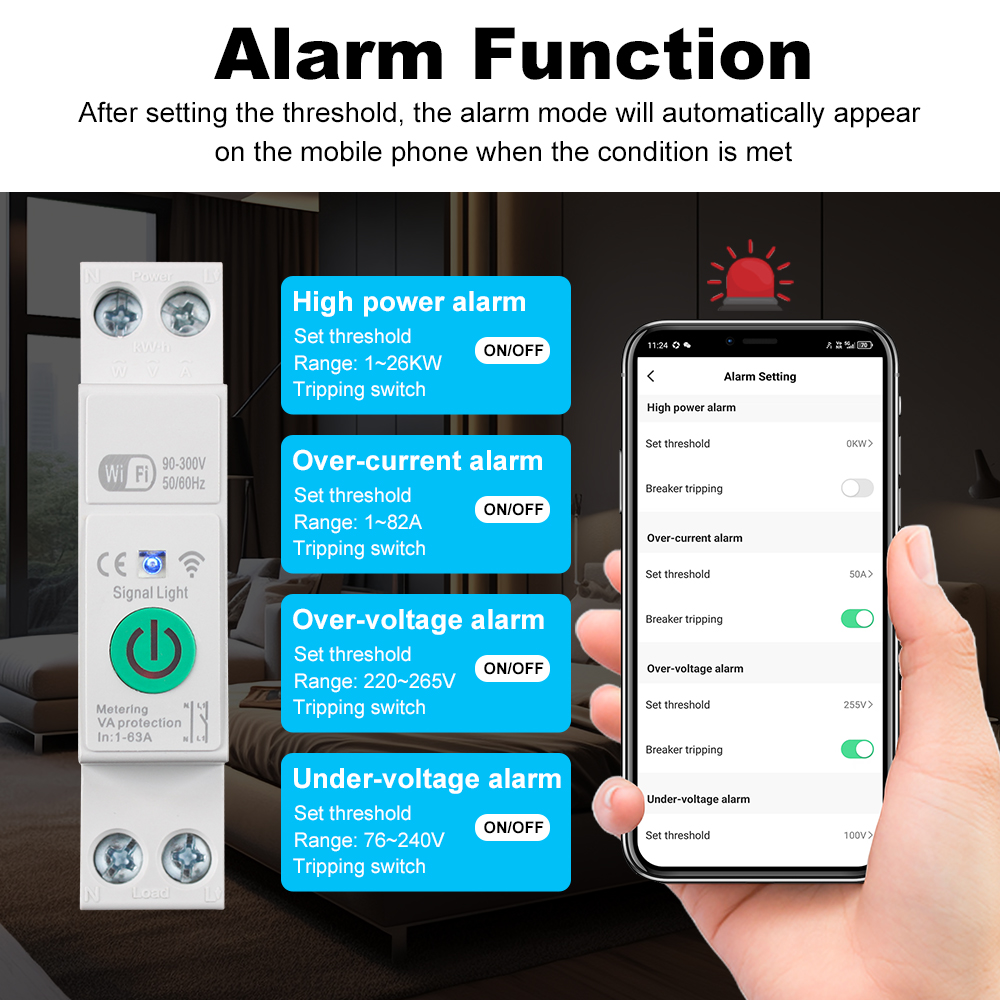 TUYU 63A Disjuntor WiFi/Zigbee com Proteção Inteligente Contra Sobre ...