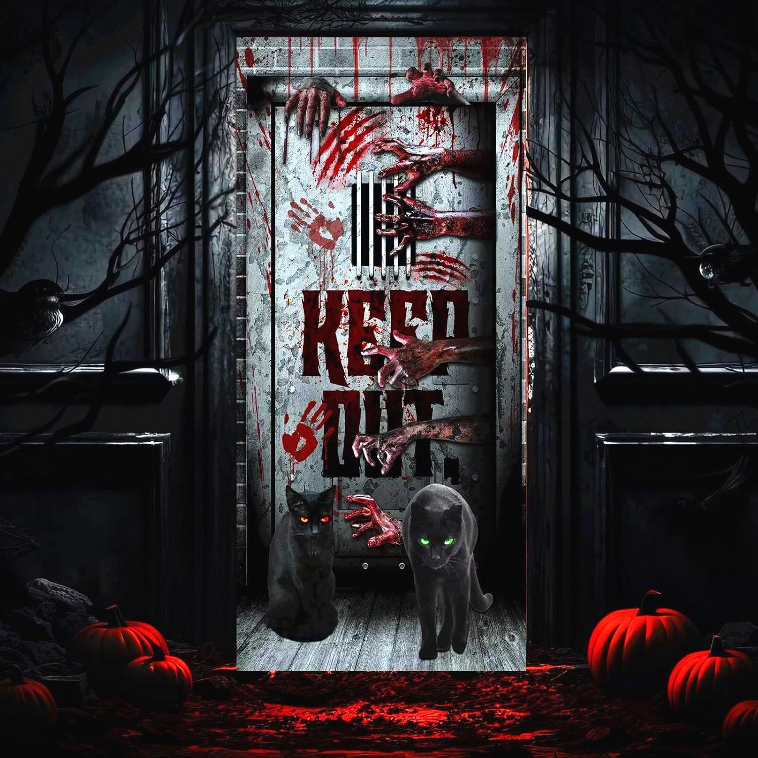 Banner De Porta De Halloween Assustador E Gato-Capa Frontal Assustadora ...