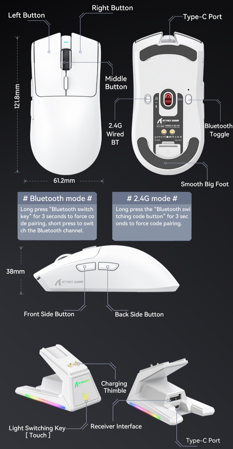 Mouse Para Jogos Sem Fio ATTACK SHARK X1 Com Base De Carregamento RGB PAW3395 PRO Sensor 40K DPI ...