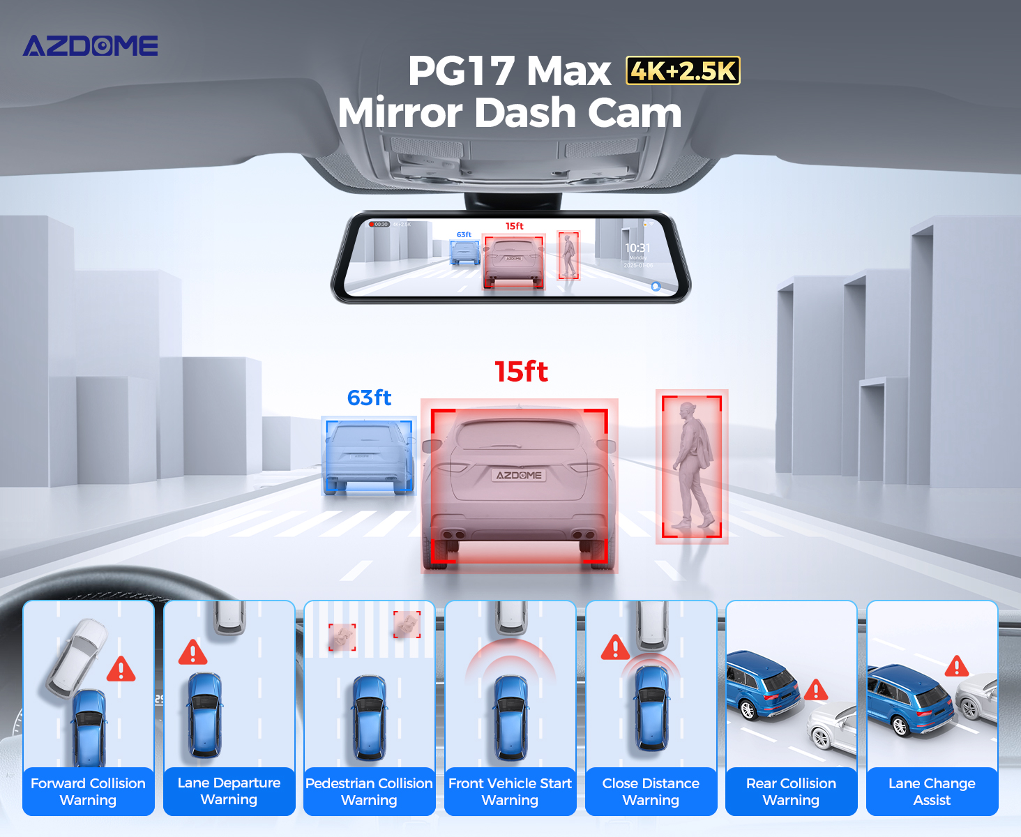 AZDOME PG17 Max 4K 12 " Câmera De Espelho Retrovisor Com ADAS BSD E LCA Mirror Dash Cam Backup ...