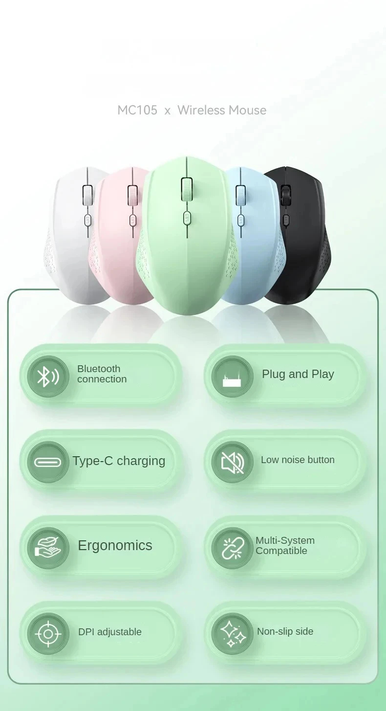 Modo Duplo Bluetooth 5.2 E 2.4G Mouse Sem Fio 1600 DPI Ergonomia Tipo-C Recarregável Silencioso ...