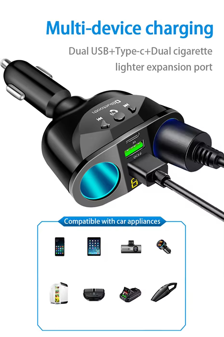 120W Divisor de Isqueiro para Carro Carregador Duplo USB QC 3.0 Carga Rápida 12V-24V Transmissor ...