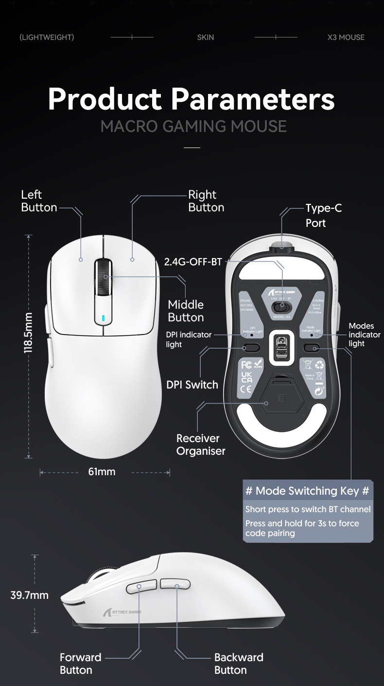 Mouse Para Jogos Sem Fio Leve ATTACK SHARK X3/X5 49g-Tri-Mode (USB/2.4G ...