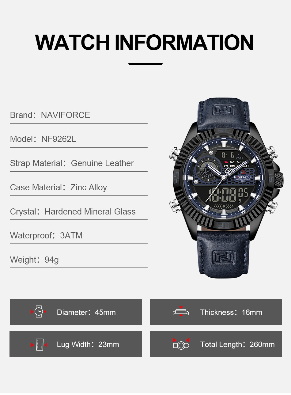 NAVIFORCE Dual Display Relógio Multifuncional À Prova D'água Esportes ...