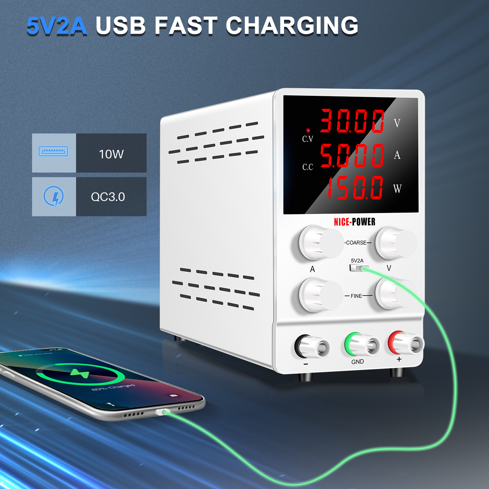 NICE-POWER Fonte de Bancada SPS305 30V 5A 150W Display LED de 4 Dígitos ...
