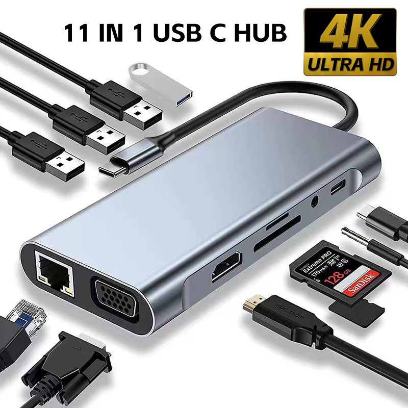 Adaptador USB3.0 4K HDMI vga Para Tipo c Estação De Acoplamento 11 Em 1 ...