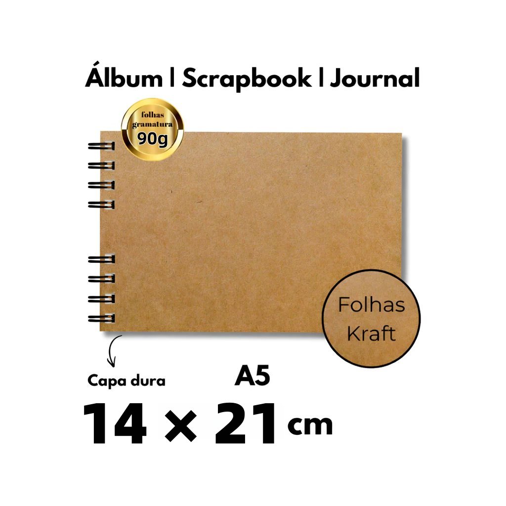 Álbum Scrapbook A5 Kraft 80g Capa Dura Colagem Fotos Lettering Presente ...