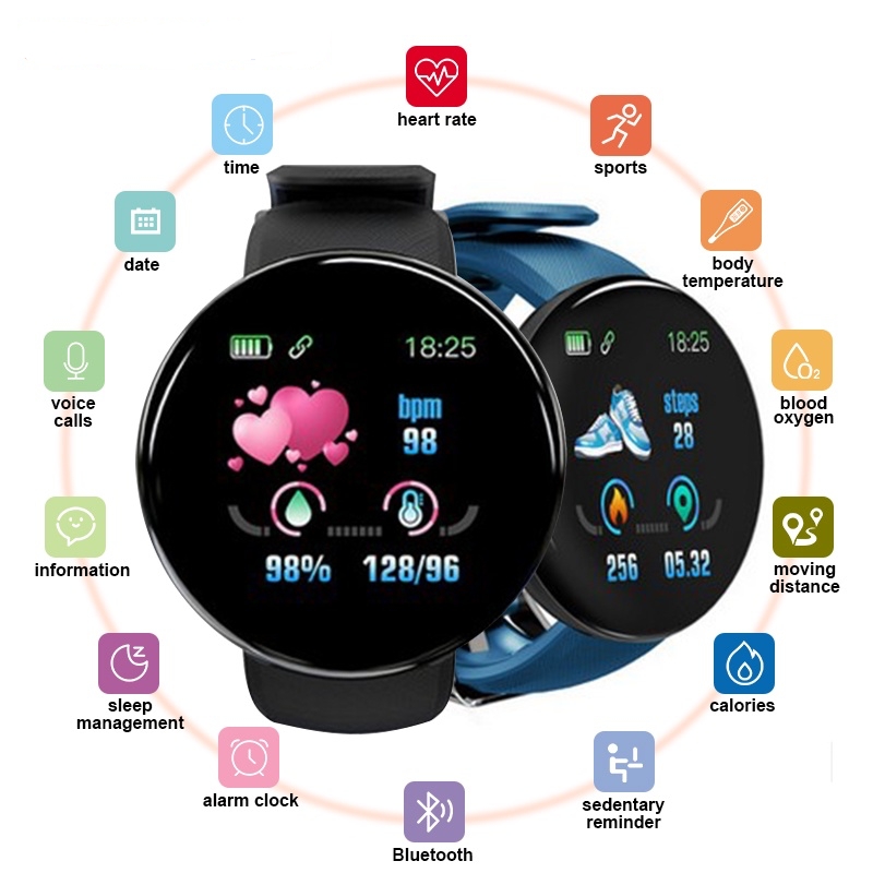 D18 Smart Watch Bluetooth Chamada Full Touch Heart Rate Blood Fitness ...