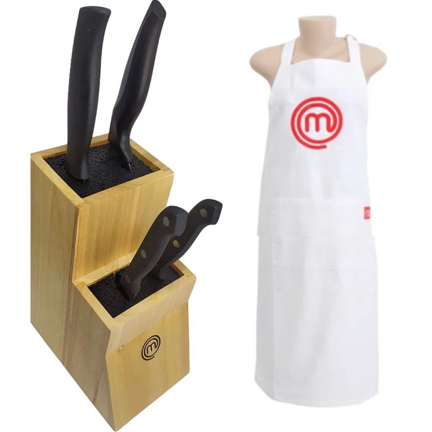 Kit Combo MasterChef Suporte Cepo para Facas e Avental Bordado Algodão ...
