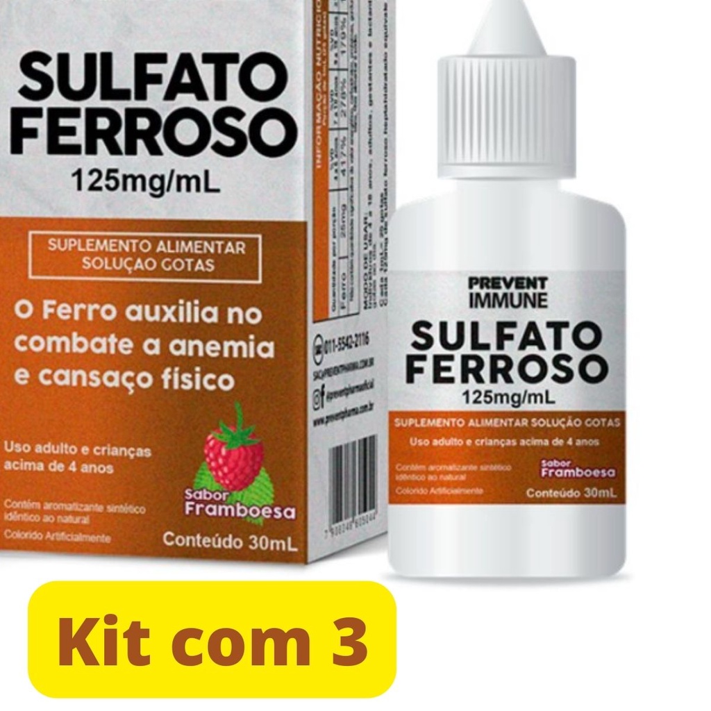 SULFATO FERROSO 30 ML GTS sabor Framboesa reduz a anemia e deficiencia de minerais Kit 3 ...