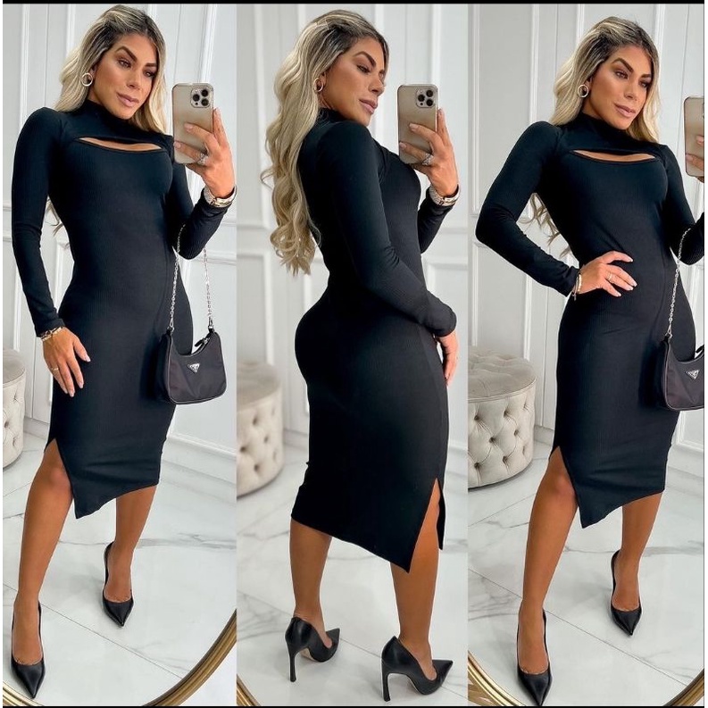 Vestido Midi Canelado Manga Longa Com Decote Vestido Colado moda ...