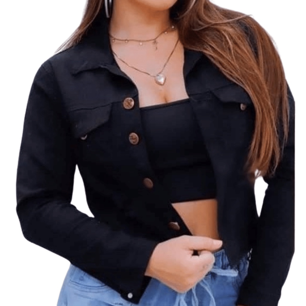 Jaqueta Preta Feminina Jeans Cropped Moda Inverno Curta | Shopee Brasil
