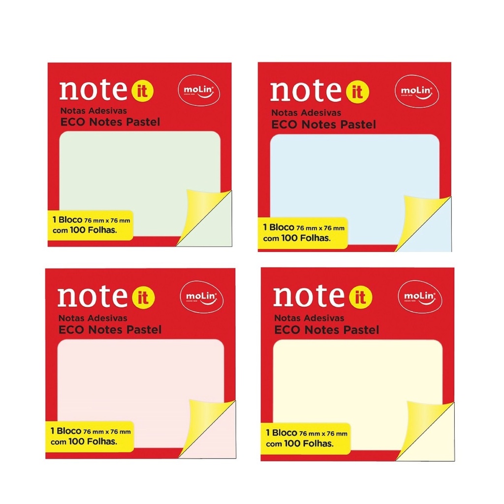 Bloco De Notas Adesivas Eco 76x76mm C 100 Fls Cores Pastel Molin