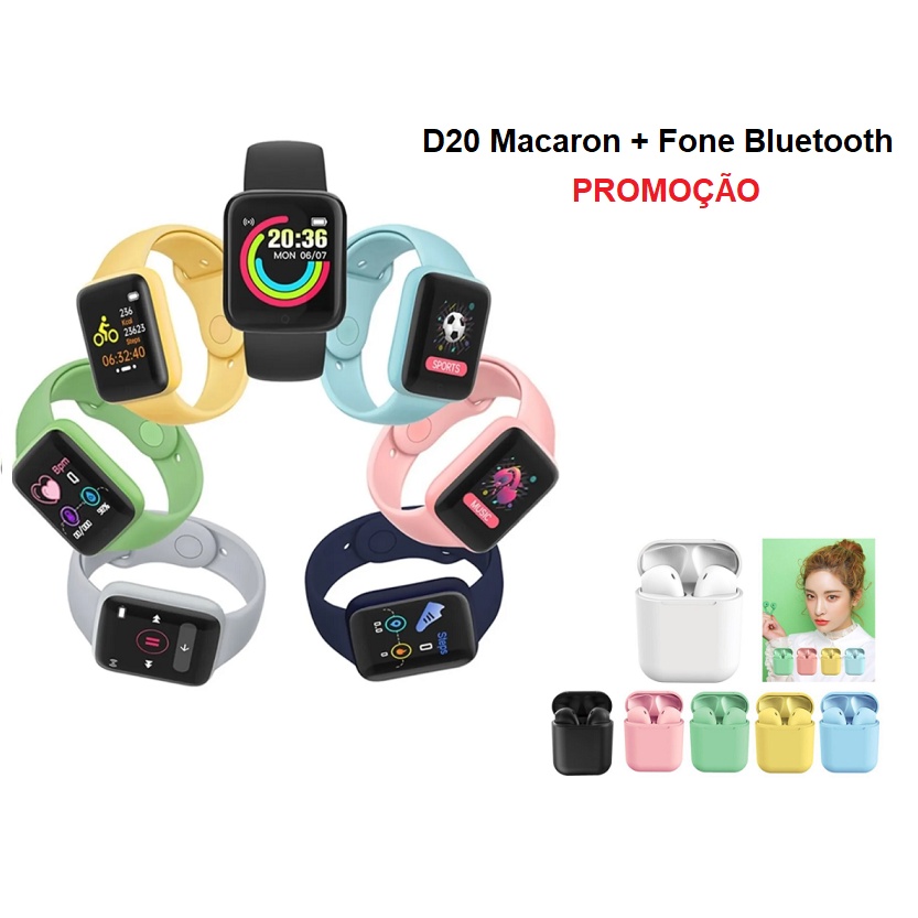 Kit Smartwatch Fitness D20 D20S Y68 Macaron + Fone Bluetooth Macaron ...