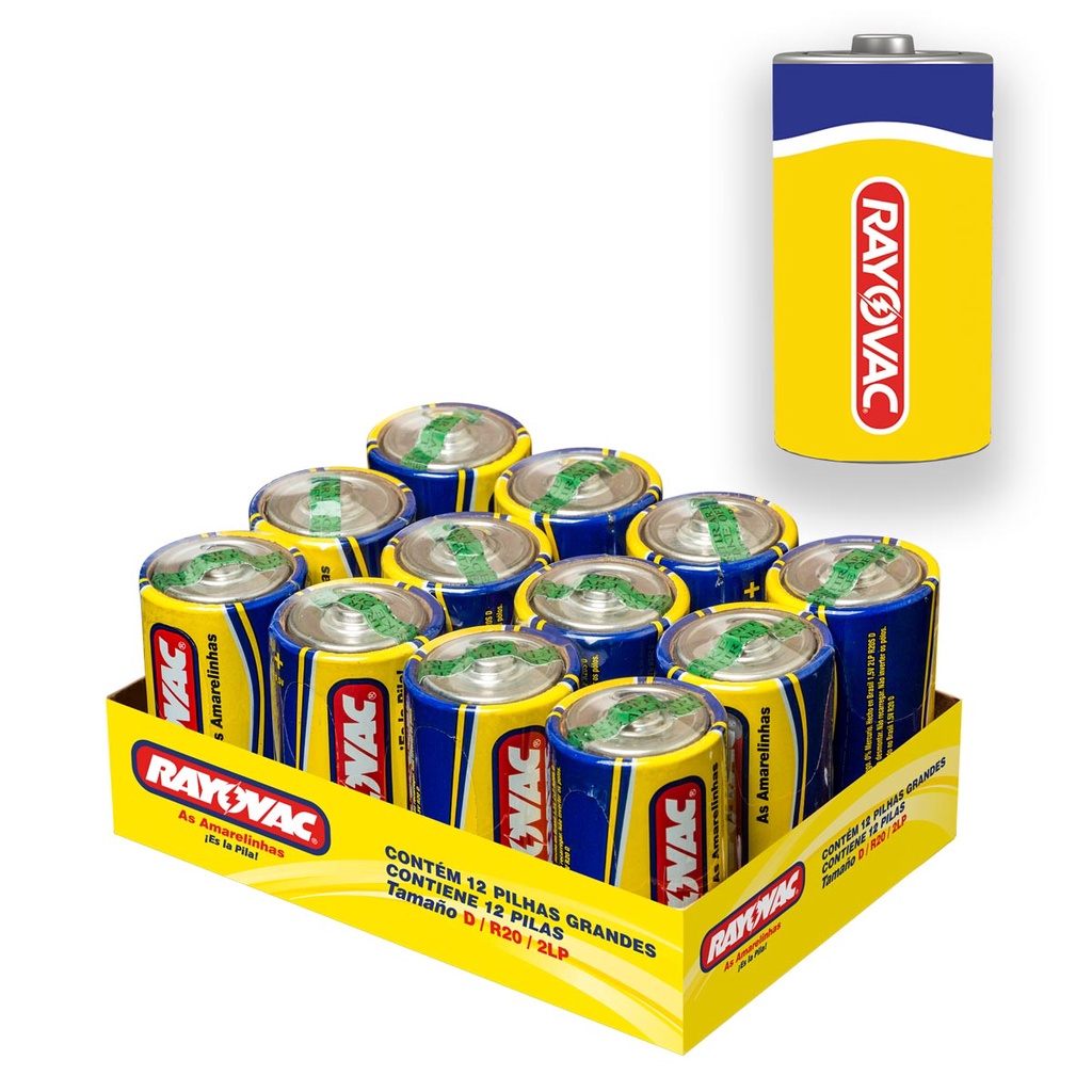 Pilha Zinco D Rayovac Bateria Carvão Grande LR20 Amarelinha Bandeja kit ...
