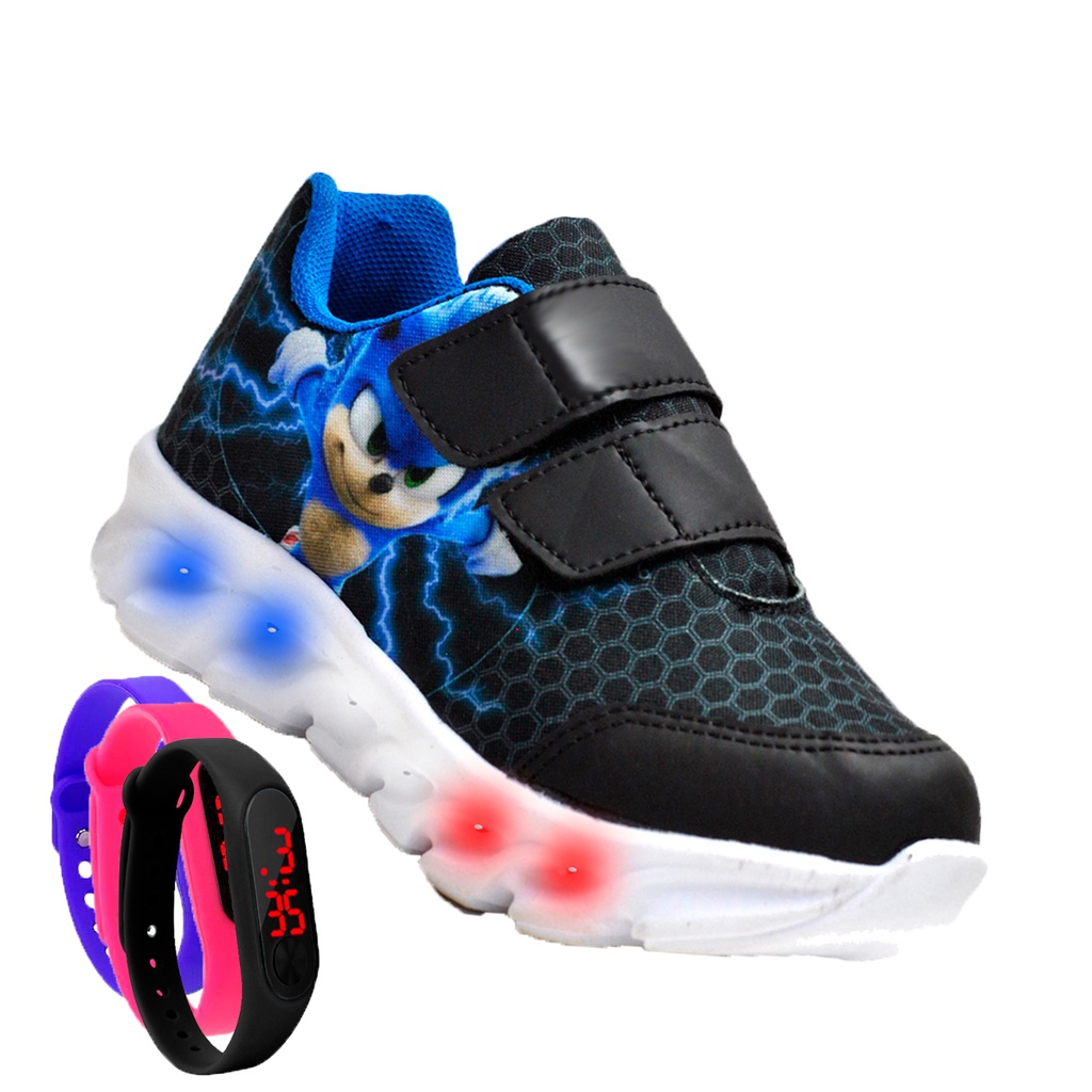 Conjunto Tênis Masculino Infantil De Led Meninos Sonic Velcro Preto ...