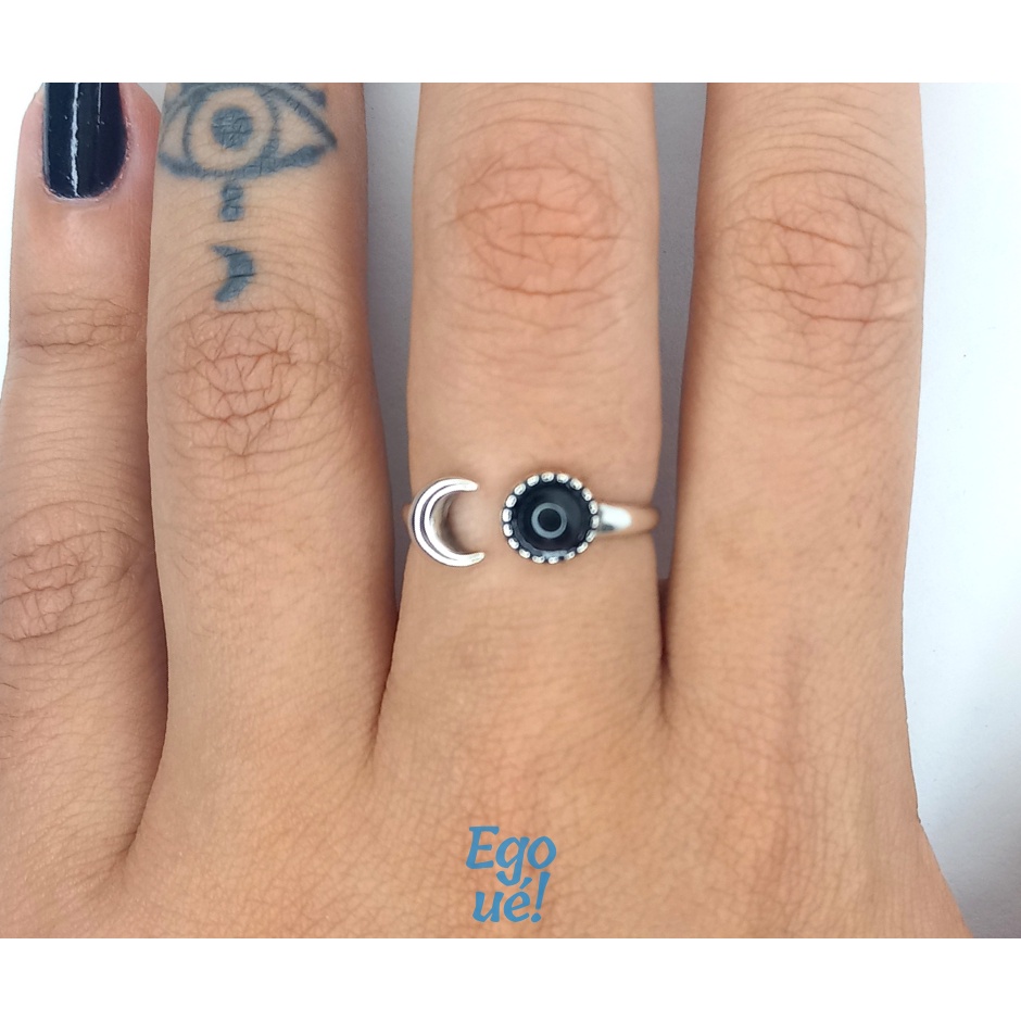 Anel Ajustável Sol e Lua + 1 Pedra Preta Onix Prata 925 | Shopee Brasil
