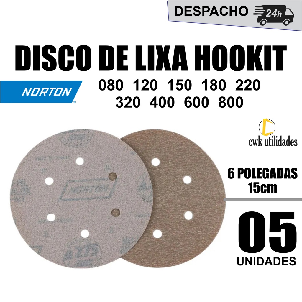 Kit 05 Disco de Lixa Hookit GRÃO 080 120 150 180 220 320 400 600 800 ...