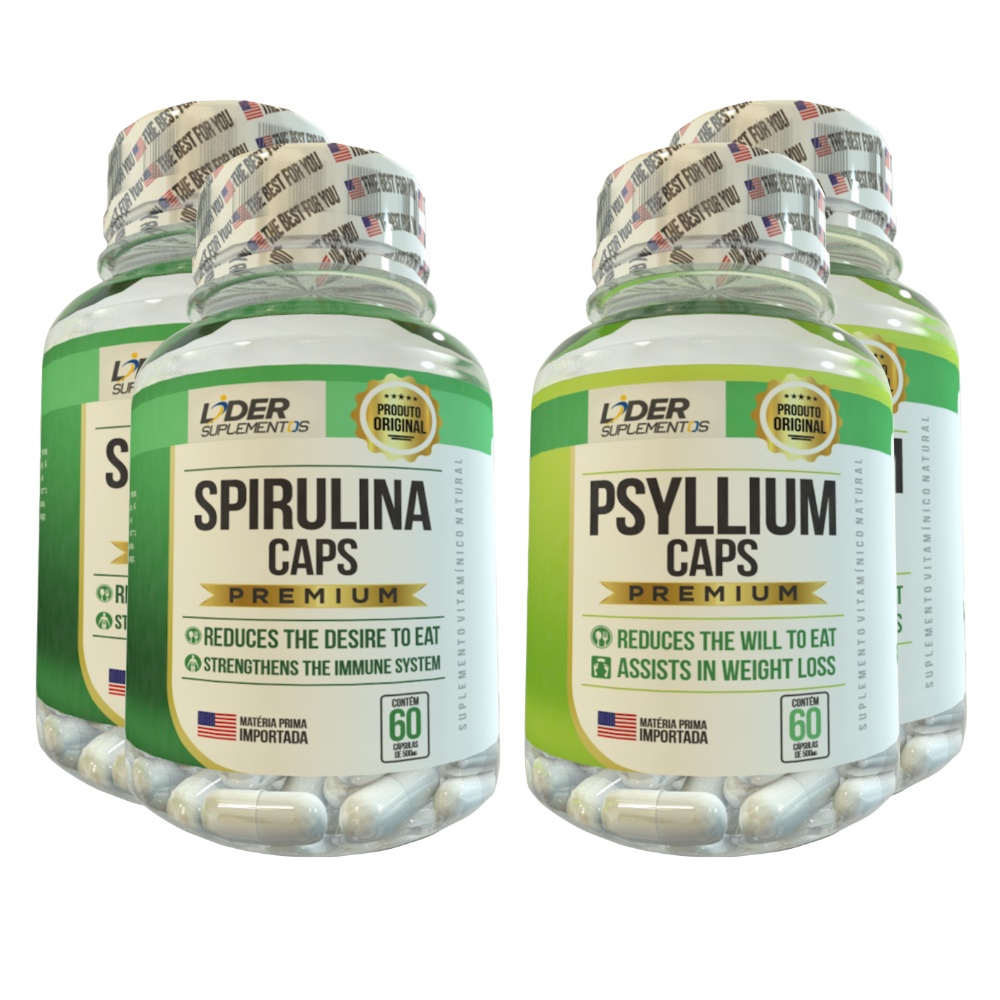 Spirulina 60 caps + Psyllium 60 caps 500mg - 4 potes | Shopee Brasil