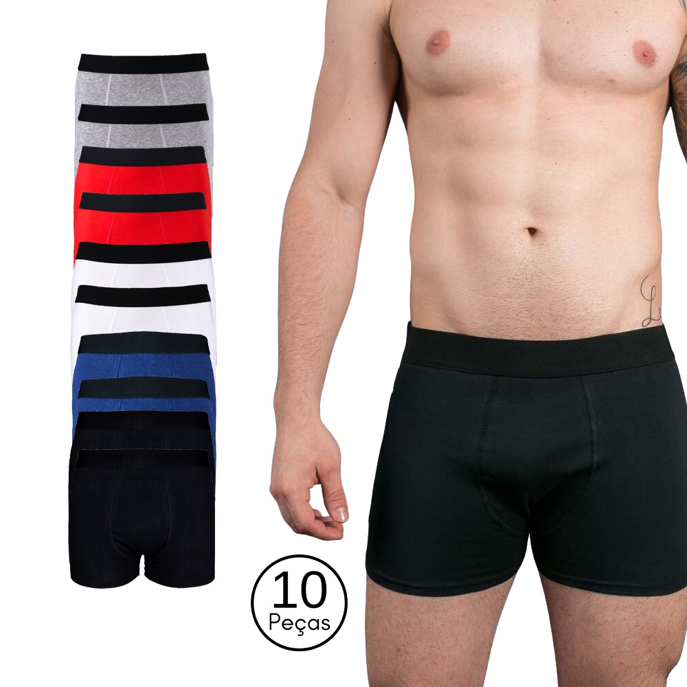 Kit 10 Cuecas Boxer Box Cotton Algodão Lisa Básica Casual | Shopee Brasil