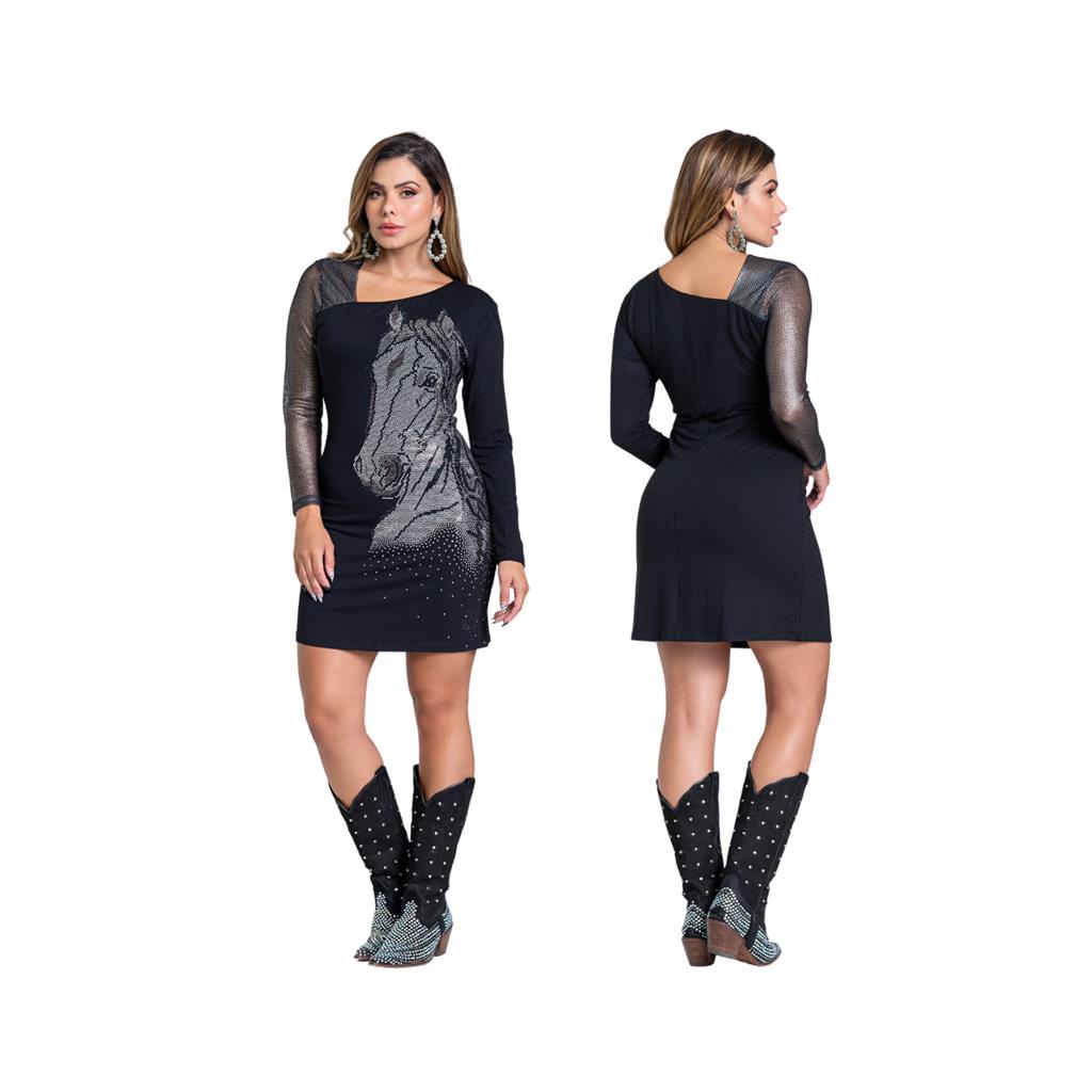 Vestido Country Preto Feminino Buphallos Original Manga Longa Com ...