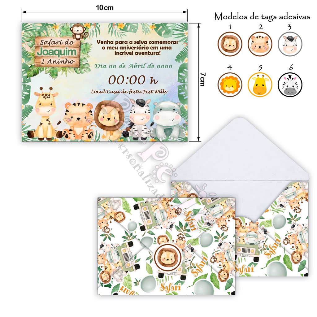 Convite Safari + Envelope + Tag adesiva personalizado tamanho 10x7cm ...