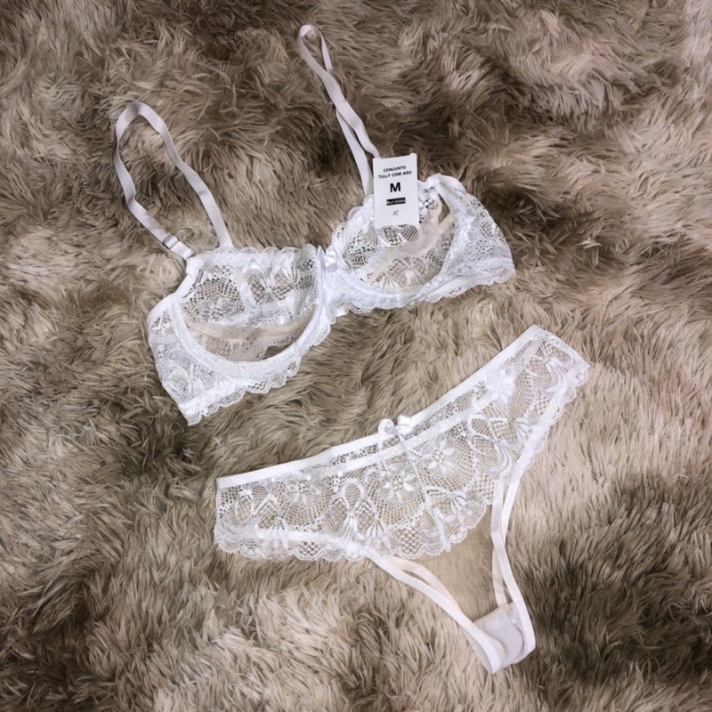 Conjunto Calcinha e Sutiã de Tule e Renda, Sutiã com aro, sem bojo ... Conjunto Calcinha e Sutiã de Tule e Renda, Sutiã com aro, sem bojo ...