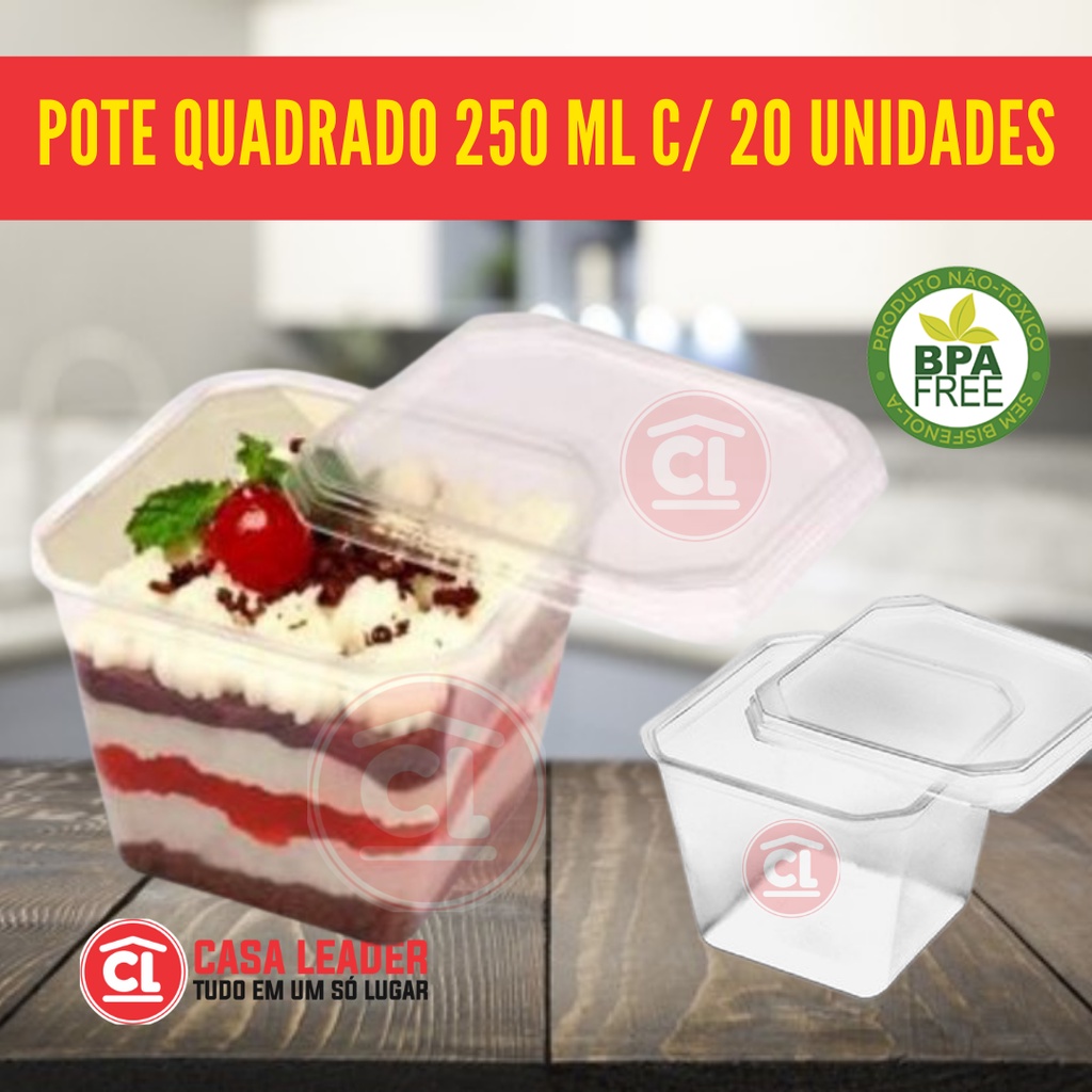 20 POTES - Pote QUADRADO com Tampa 250 ml - Prafesta - para bolo no ...
