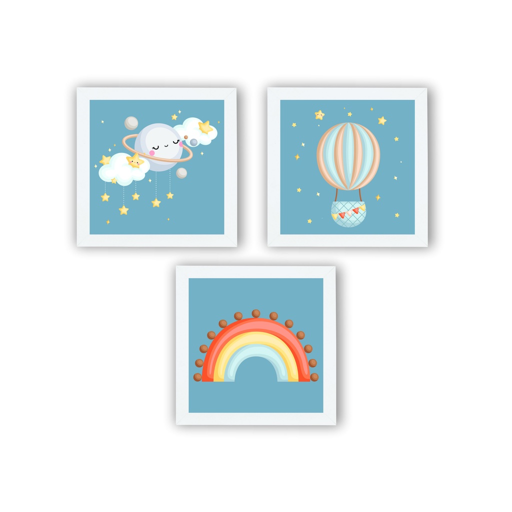Quadros Infantis Quarto de Menino Lua, Arco Íris e Balão com moldura e ...