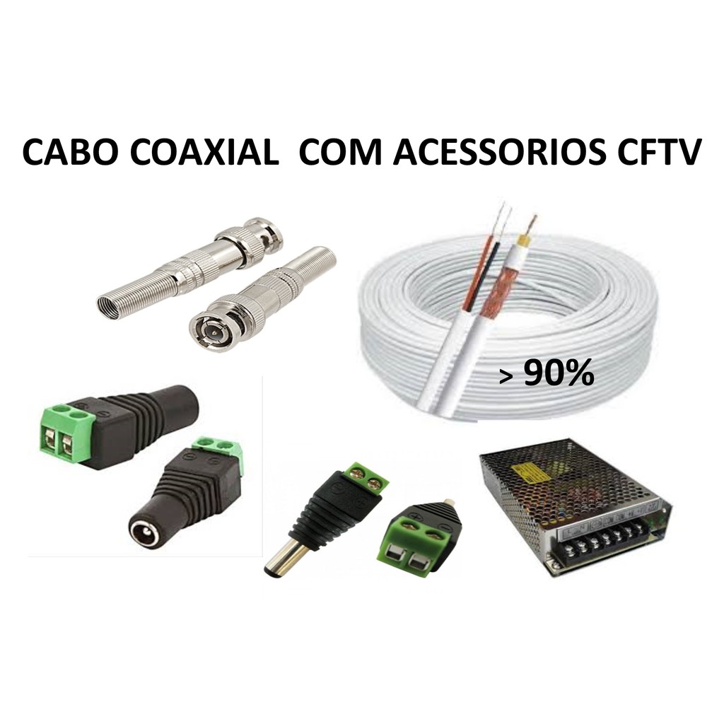 Kit Cabo Coaxial Cftv 50 metros Dupla Blindagem c/ 90% malha + 16 ...