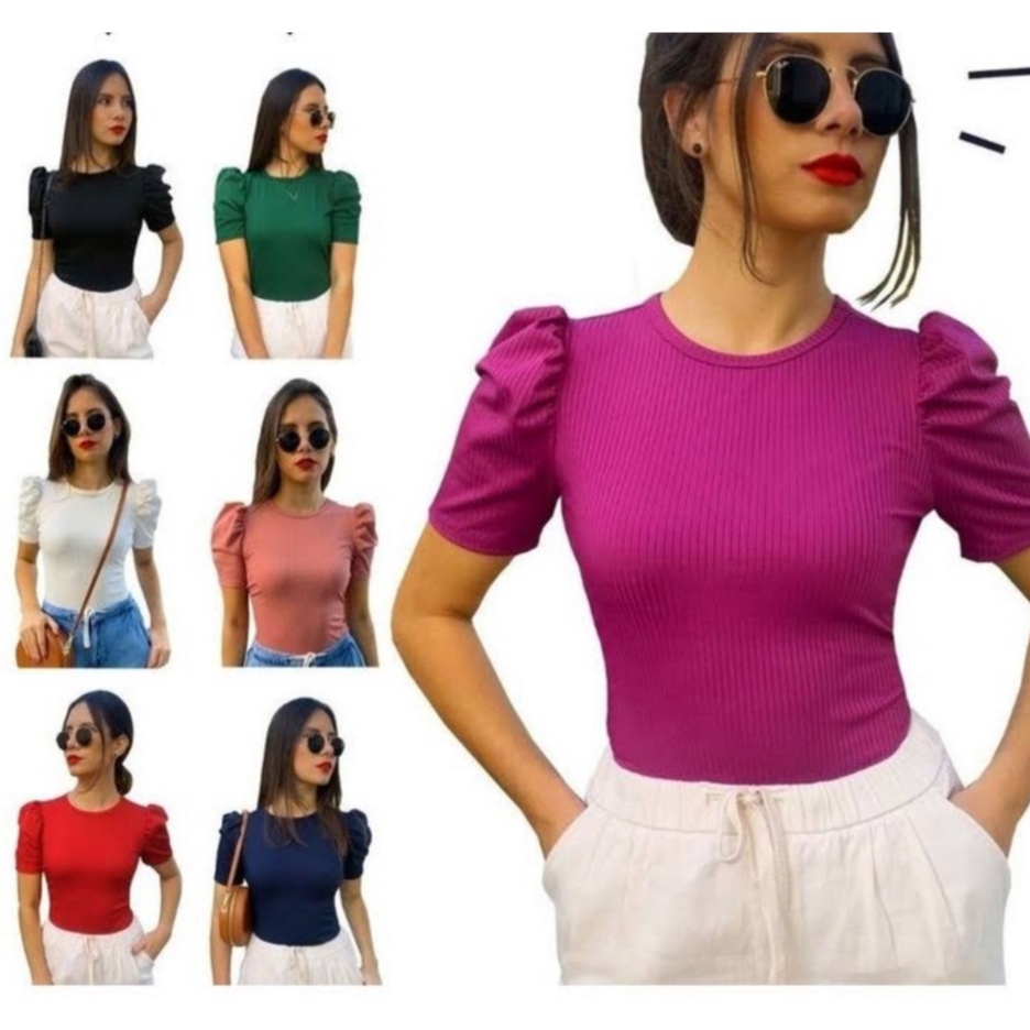 kit 2 Blusas Feminina Manga Curta Princesa Malha Canelada | Shopee Brasil