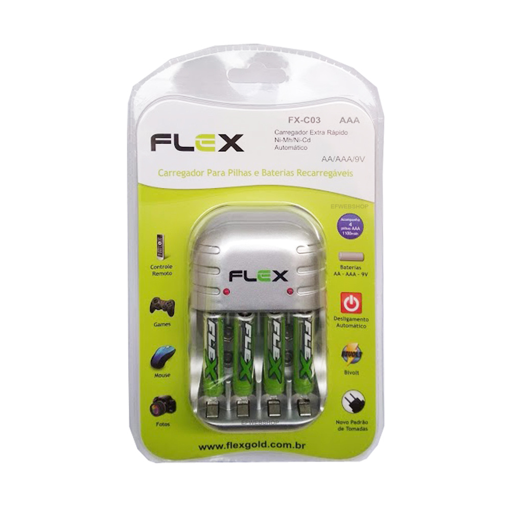 Carregador Flex 4 Pilhas AAA 1100 mAh Recarregáveis Desligamento Automático e Led FX-C03 ...