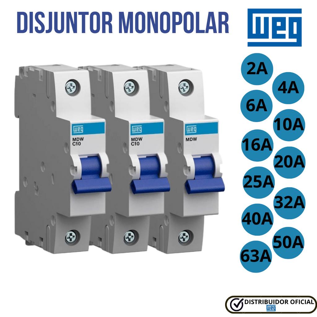 Disjuntor din Weg Monopolar Mdw Curva C 2A, 4A, 6A, 10A, 16A, 20A, 25A, 32A, 40A, 50A e 63A ...