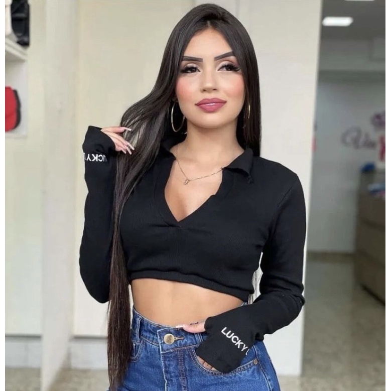 Croppet Manga Loga Com Gola Moda Gringa Feminina Lindo Frio Listrado ...