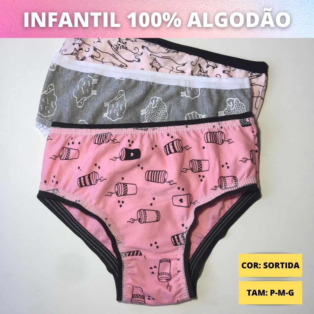 KIT 3 pçs - Calcinha Infantil Menina - 100% Algodão, com Forro ...