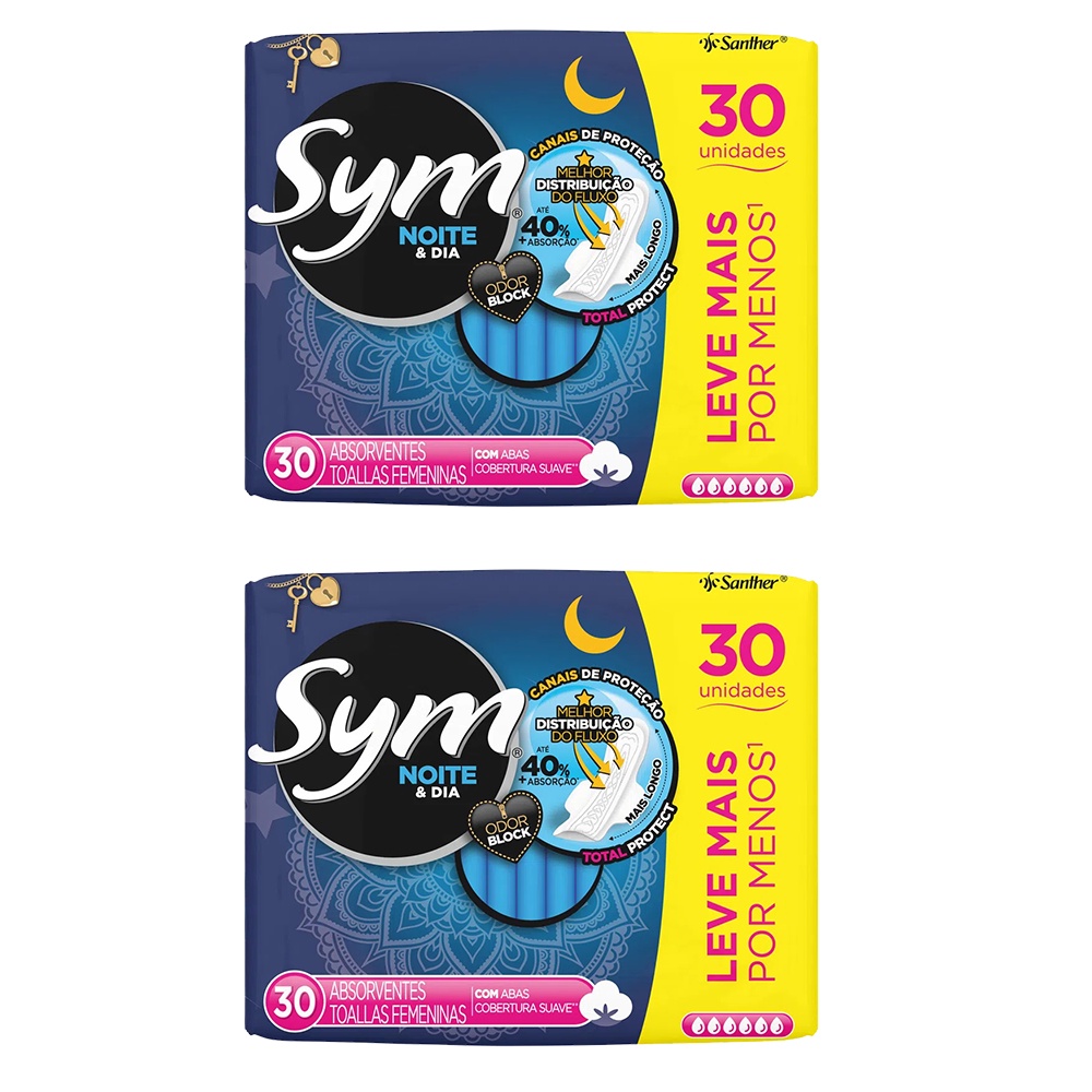 Kit 2 Absorventes Sym Noite E Dia Com Abas 30 unidades | Shopee Brasil